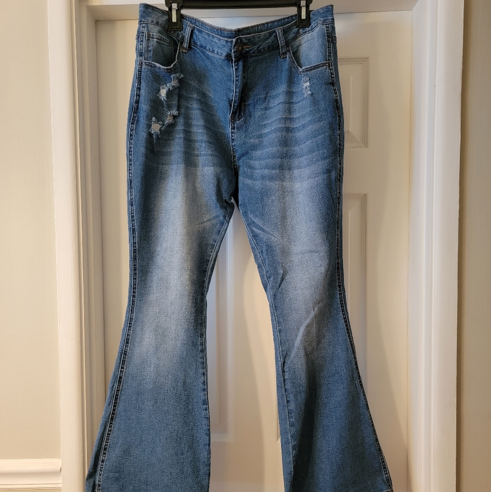 Ripped Flare Bell Bottom Jeans - Gem